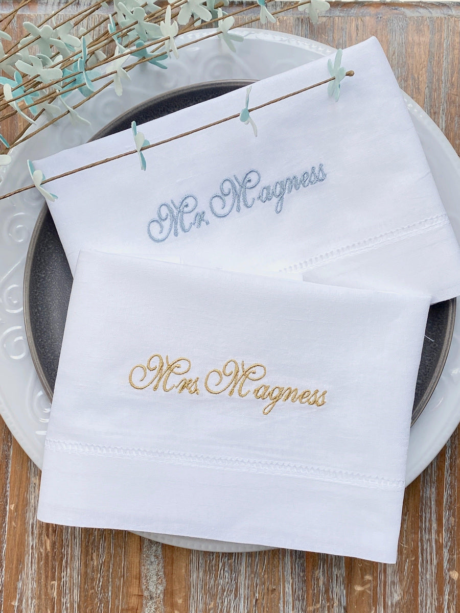 Personalized Bride and Groom Name Napkins – White Tulip Embroidery